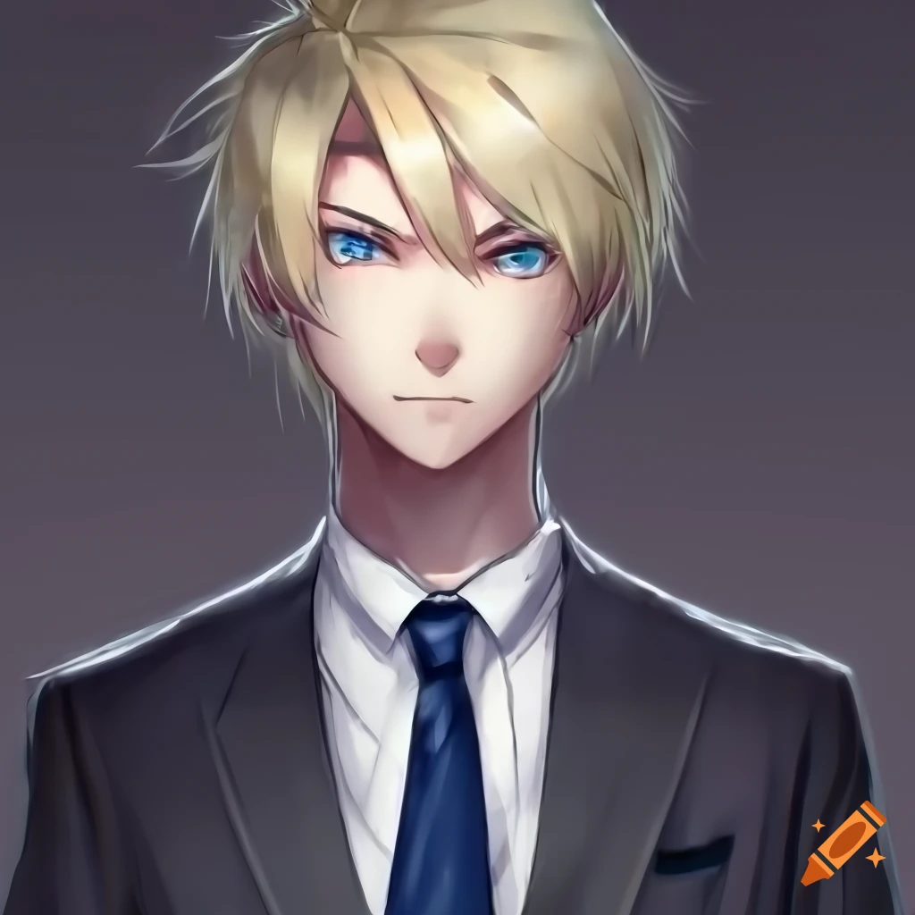 Androgynous anime character with blonde hair and stern expression on ...