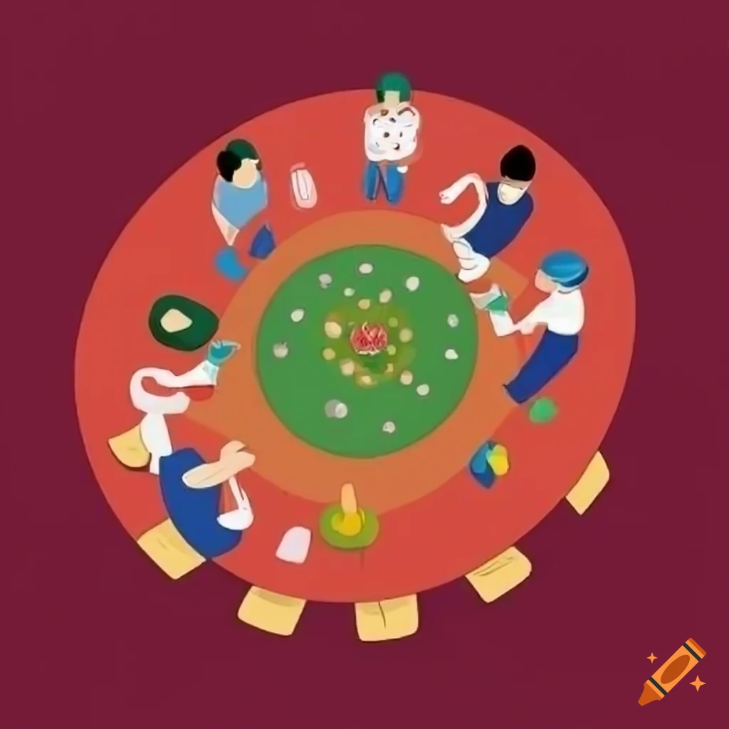 Round dining table with people and a big tomato in a cartoon style on ...