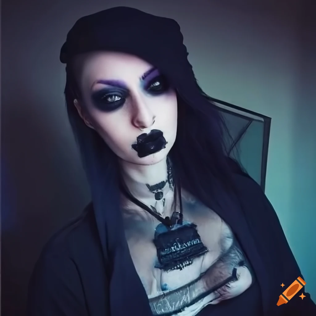 Punk Goth Woman With Black Hair Hazel Eyes Ripped Jeans And Combat