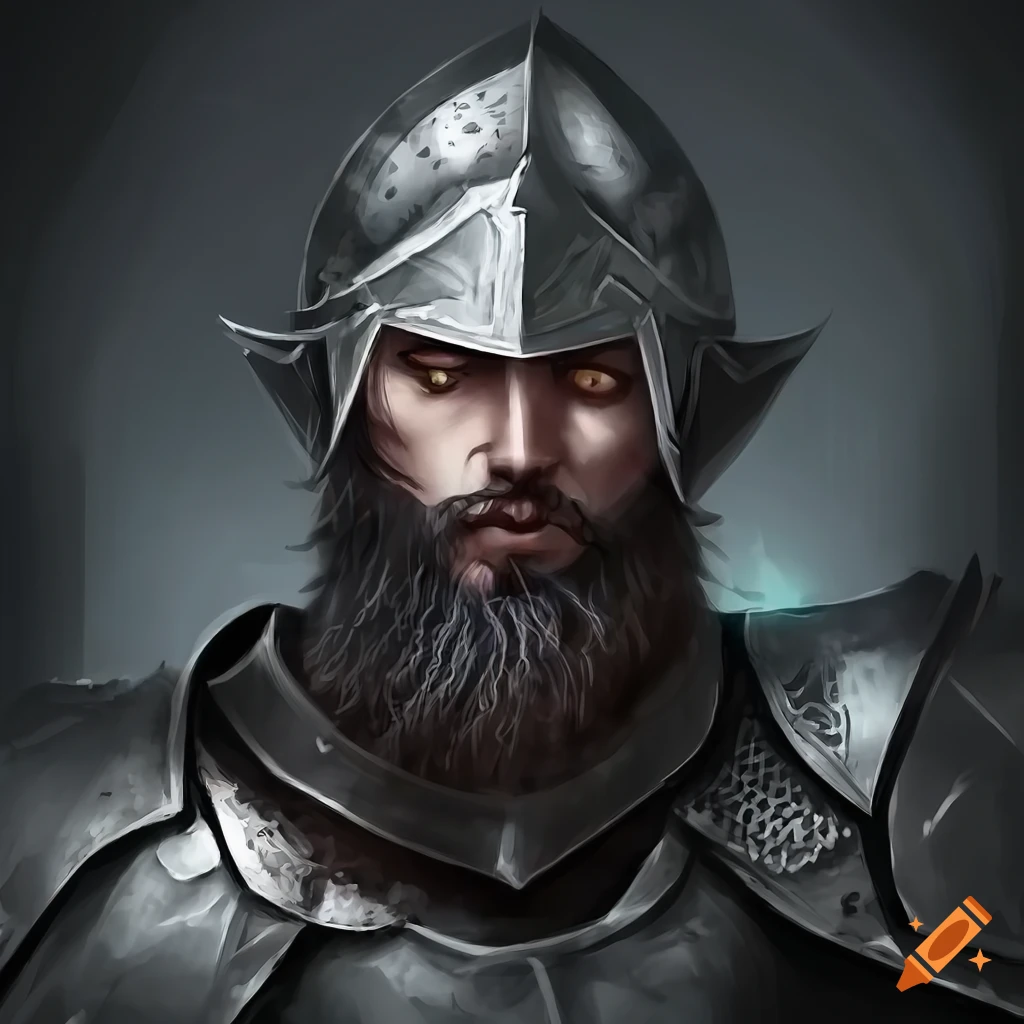 Fantasy knight with black hair, beard, and green eyes in black and silver outfit on Craiyon