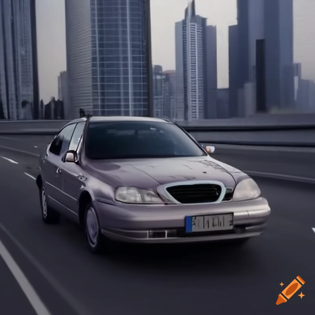 Daewoo leganza on a fast-moving highway in a modern city on Craiyon