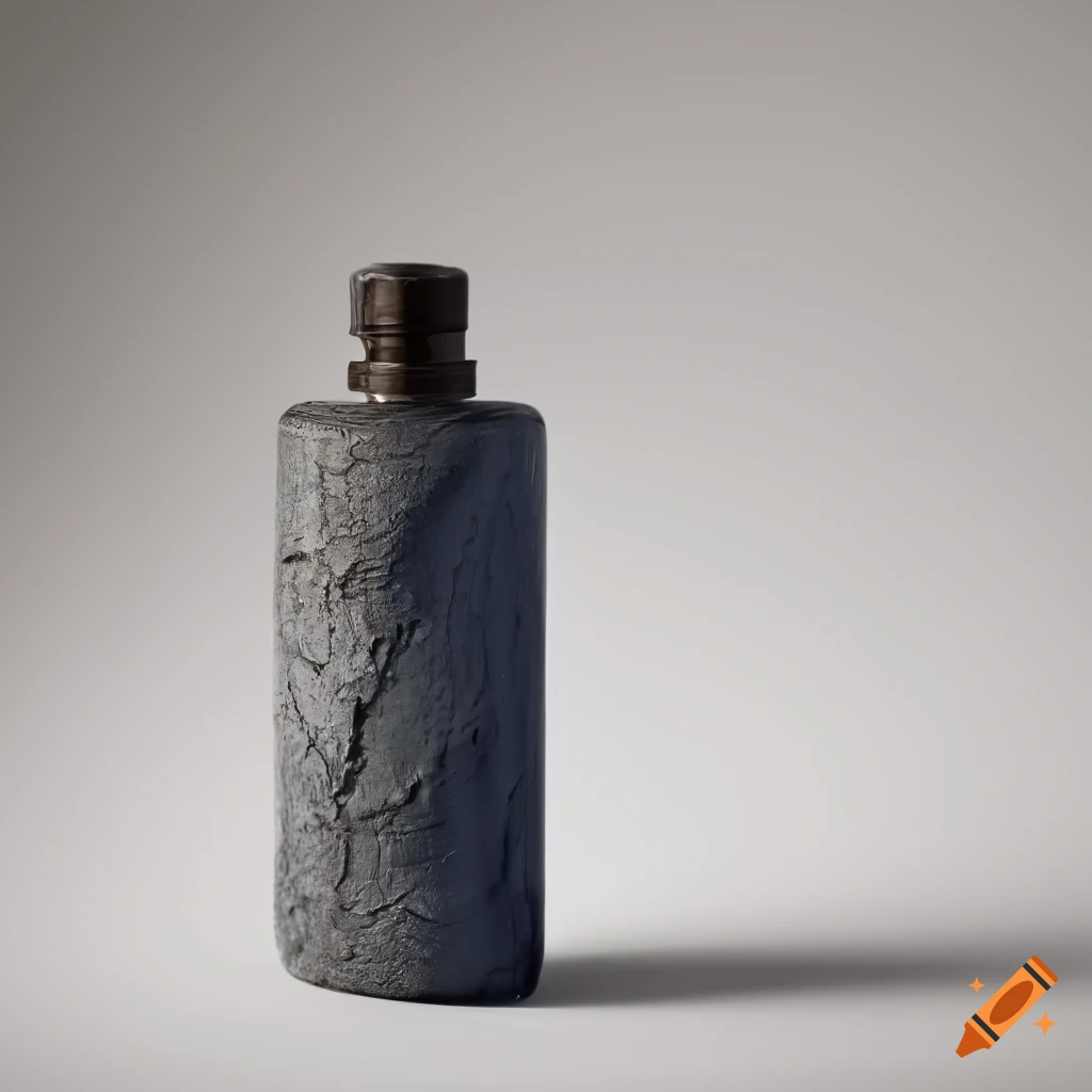 Cylindrical dark grey perfume bottle wrapped in tree bark on Craiyon