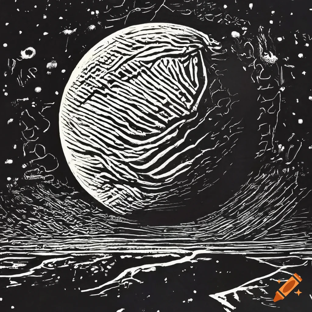 Linocut of a planet in deep space inspired by zdzisław beksiński ...