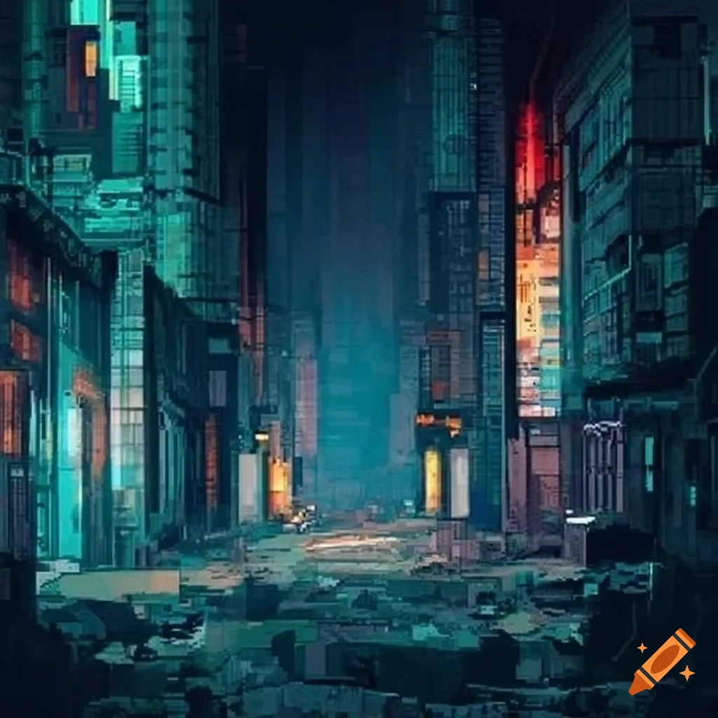 Pixel art of post-apocalyptic city with dark lighting, view from a ...