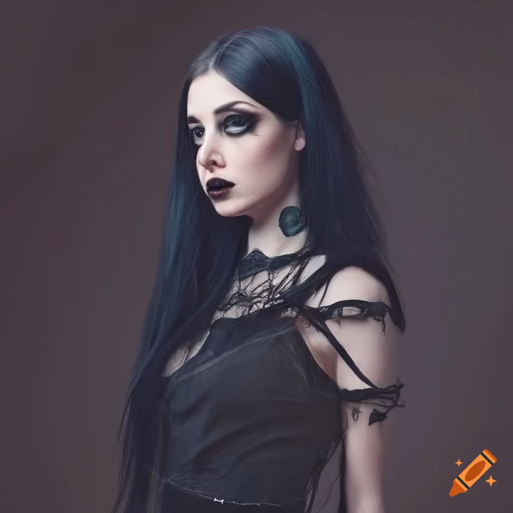 Gothic Style Woman With Hazel Eyes Black Hair In Torn Jeans And