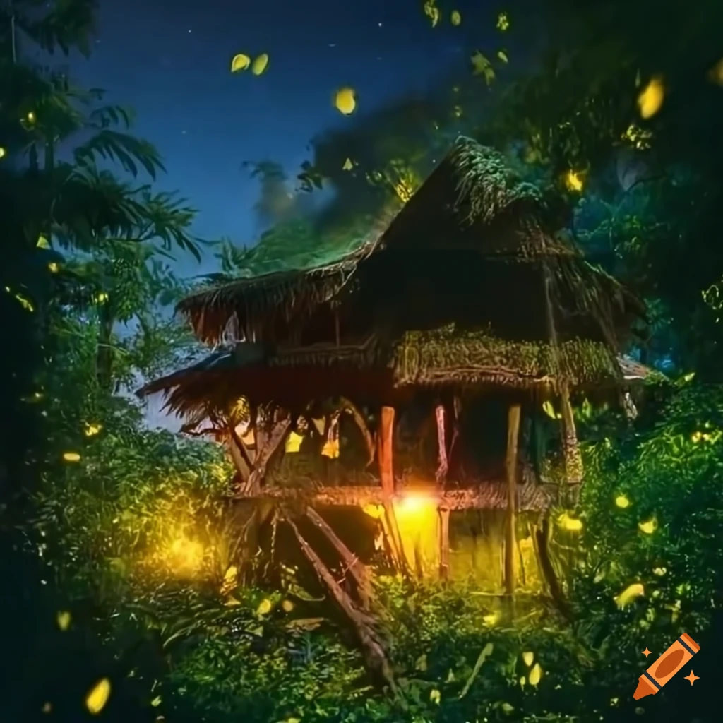 Tranquil Filipino village corner with Bahay Kubo hut and fireflies ...