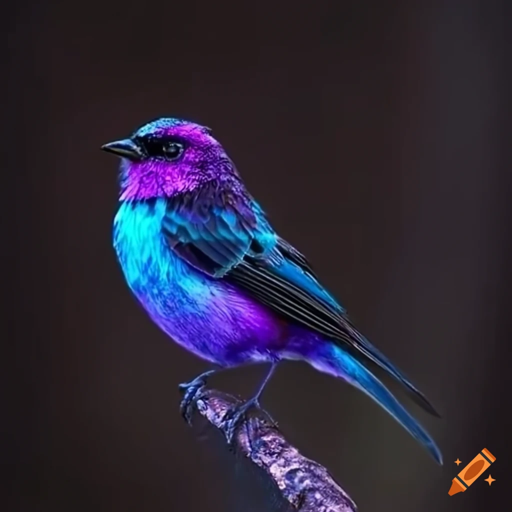 Tiny black bird with glowing blue and purple feathers living in the ...