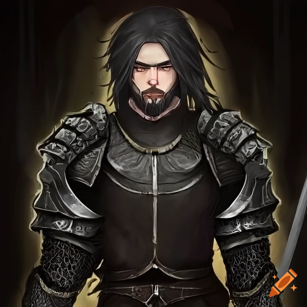 Fantasy knight with black hair and beard in black and silver armor on ...
