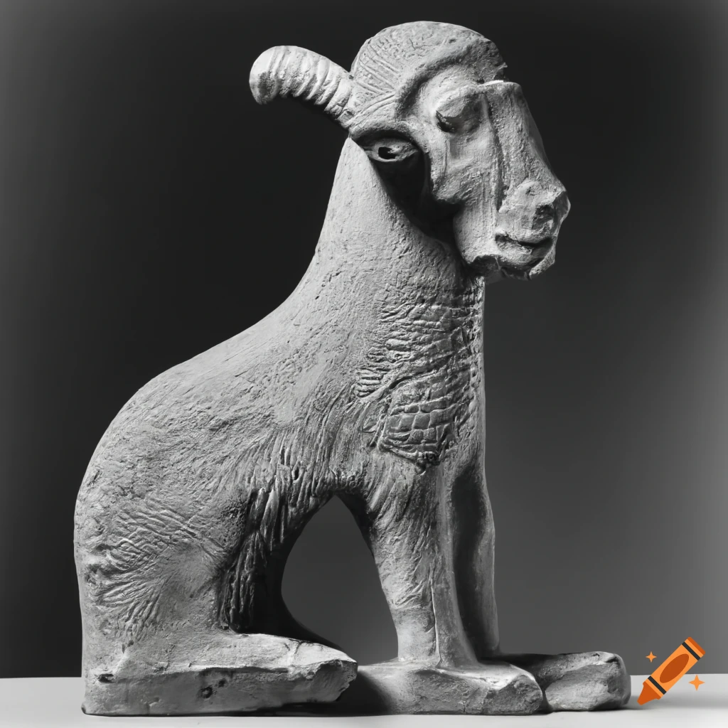 Babylonian statuette of humanoid goat with harp-shaped horns on Craiyon