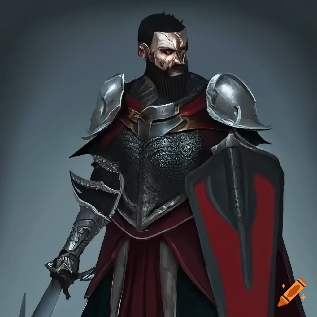 Fantasy knight with black hair and beard in black and silver armor on ...