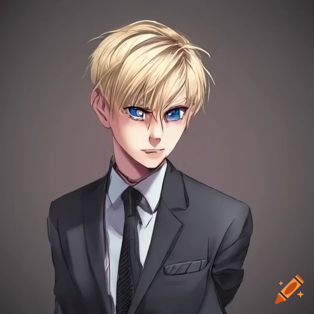 Androgynous Anime Character With Blue Eyes And Business Suit Against A Solid Background On Craiyon