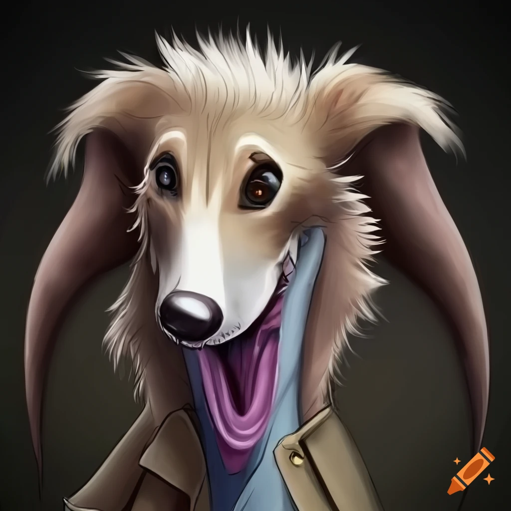 Borzoi dog anthro furry humanoid in a trenchcoat on Craiyon