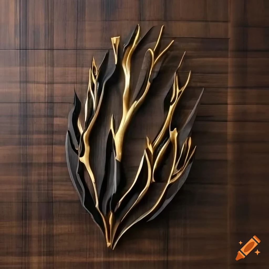 Detailed wall art made from black walnut wood with brass inlays on Craiyon