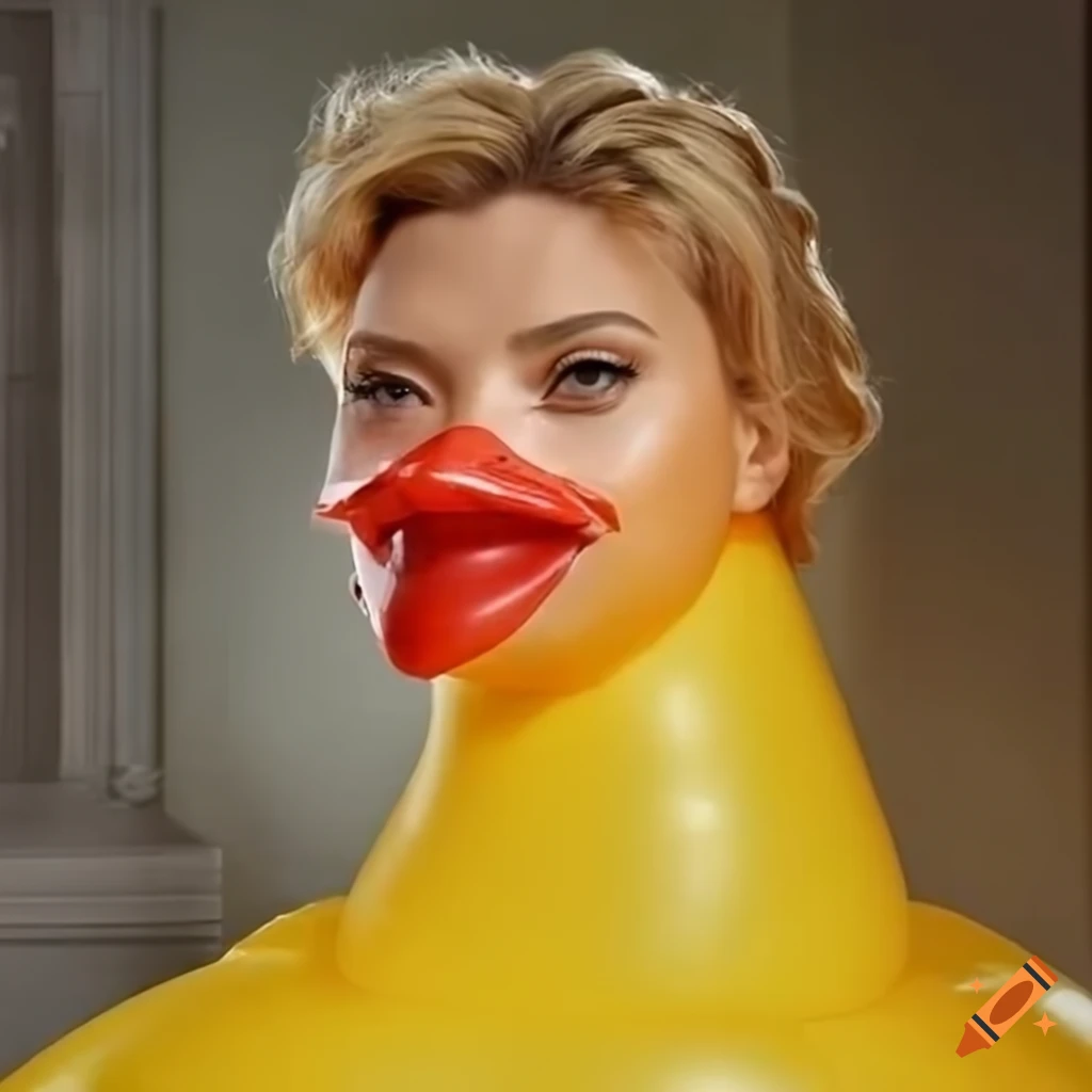 Celebrity face on inflatable duck costume, shiny yellow plastic skin on ...