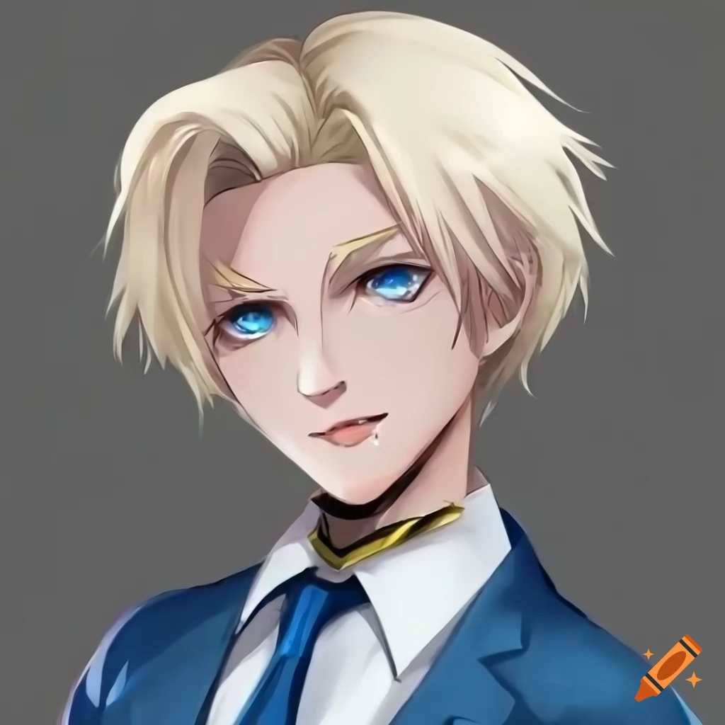 Androgynous anime character in a suit posing for a photograph on Craiyon