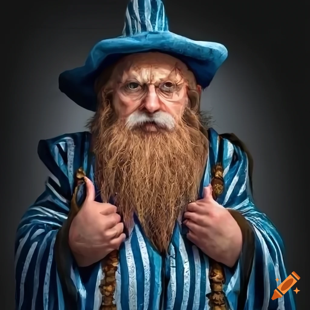 Hyper realistic portrait of a wizard in red, white, and blue robes with ...