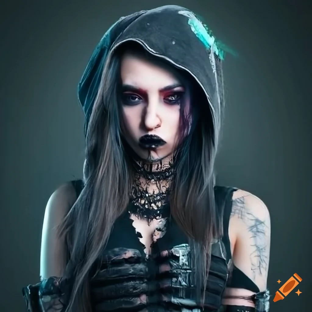 Beautiful cyberpunk goth woman with hazel eyes and long black hair on ...
