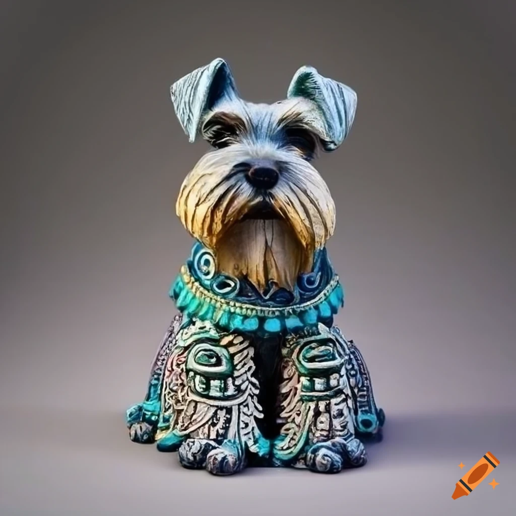 Aztec-style sculpture of a schnauzer dog on Craiyon