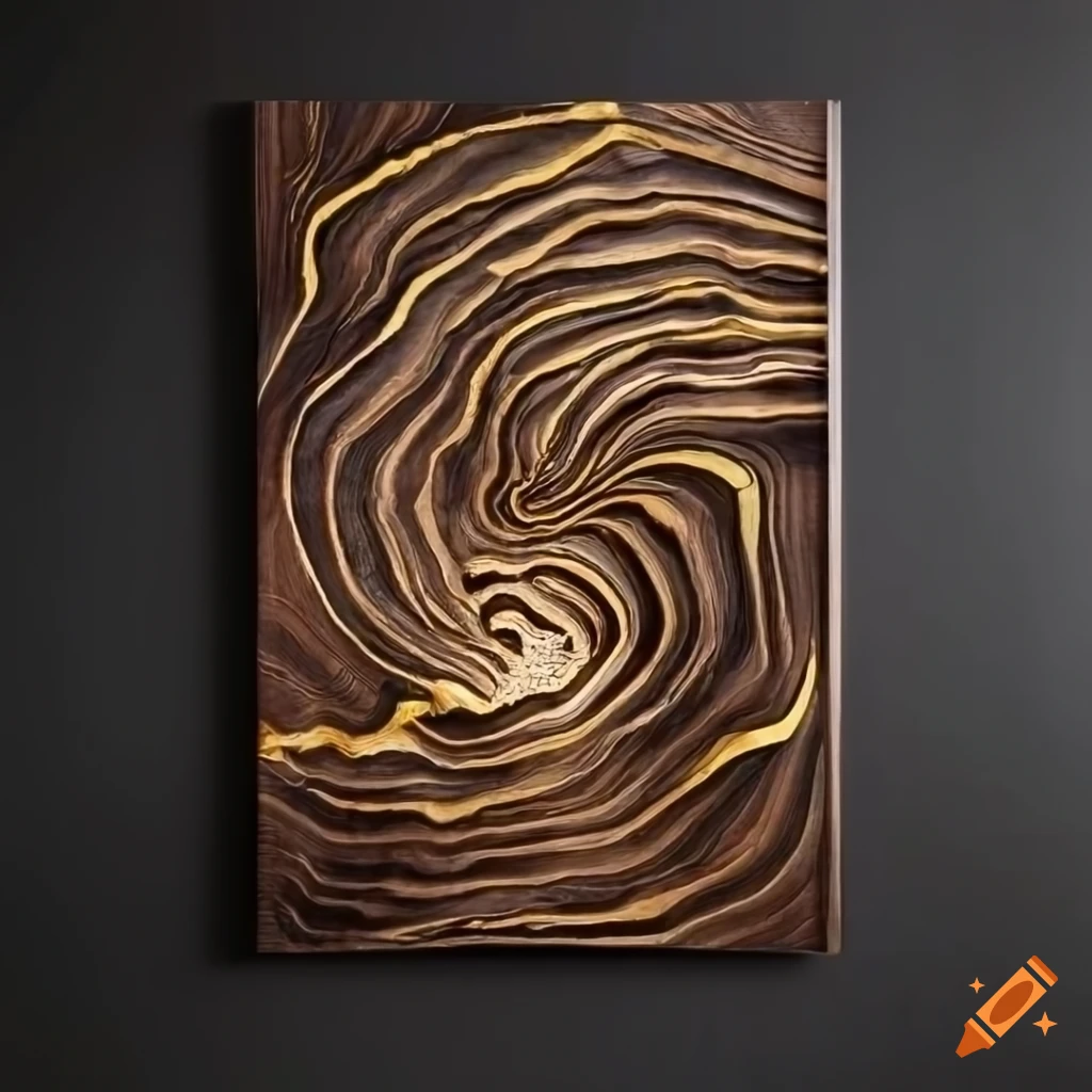 Polished black walnut wood wall art with brass inlays on Craiyon