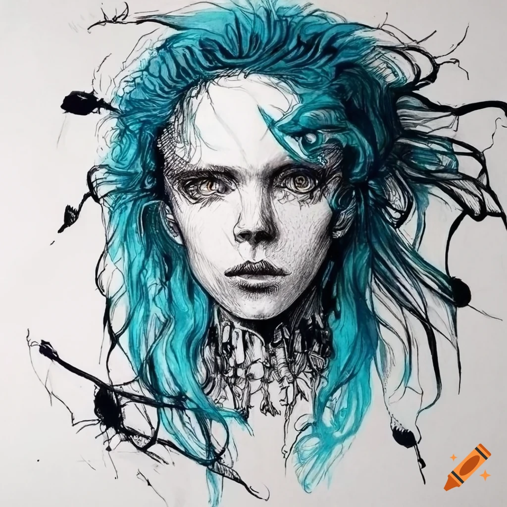 Intricate dark ink drawing of a cyborg man with hi-tech pattern and ...