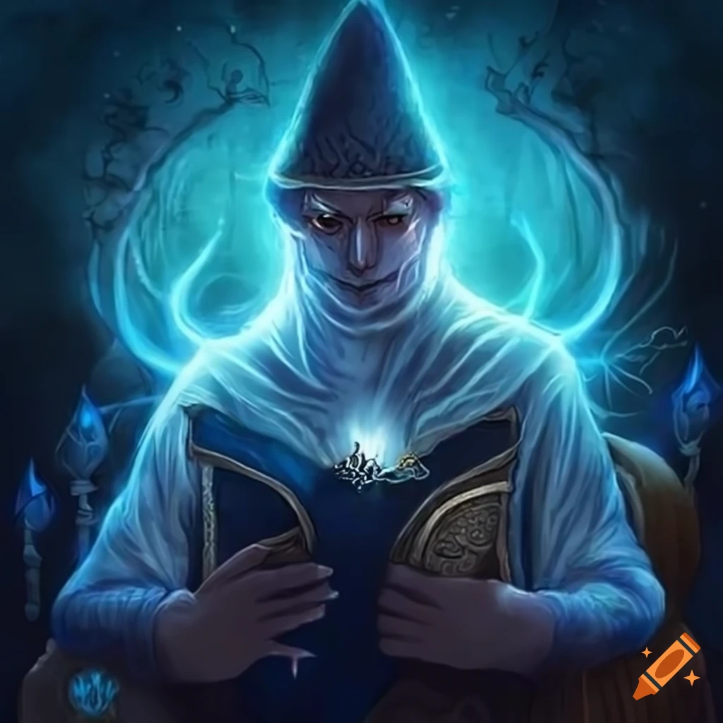 Blue magic pouring out of a wizard's spellbook in a fantasy art style ...