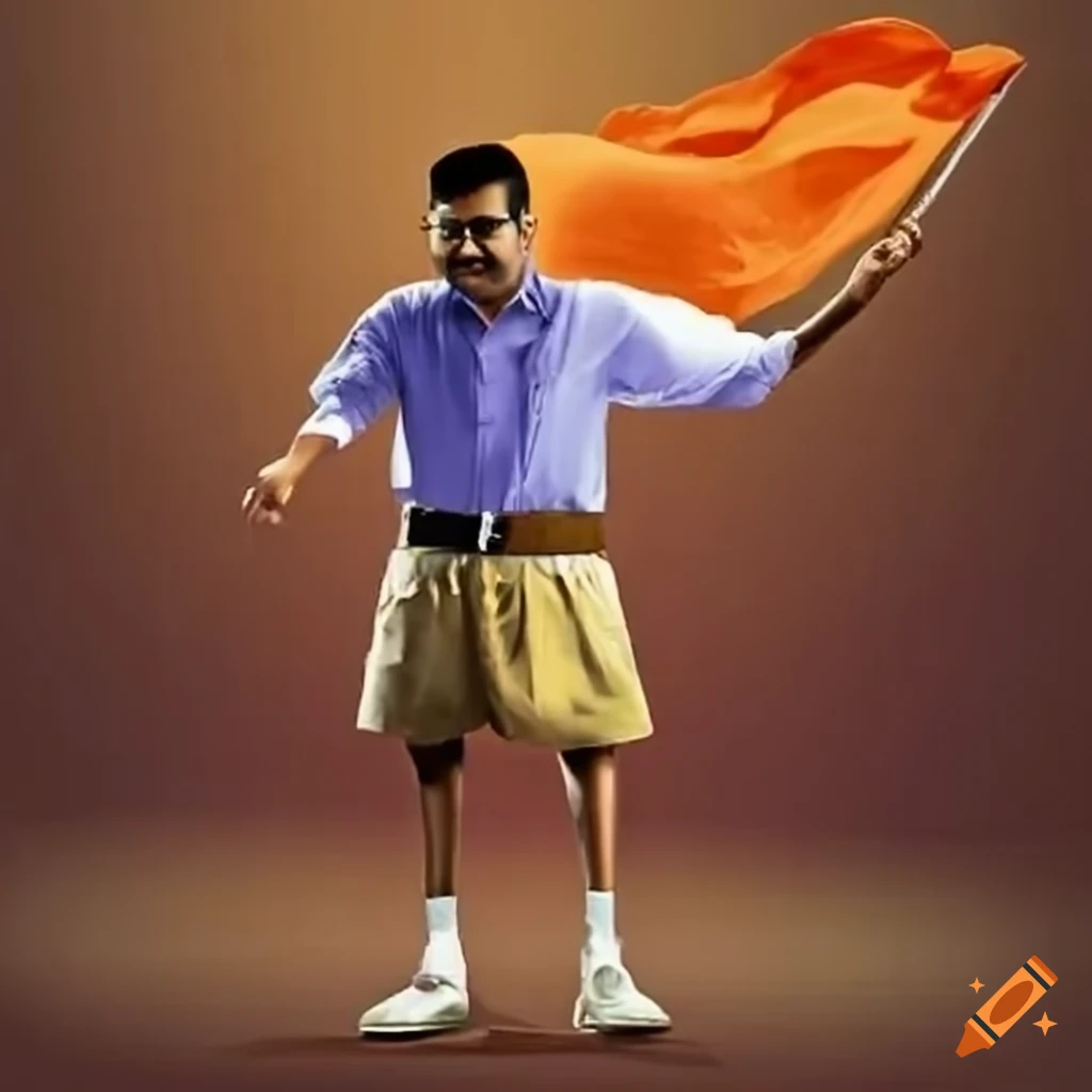 Indian politician arvind kejriwal in an rss uniform with a saffron flag ...