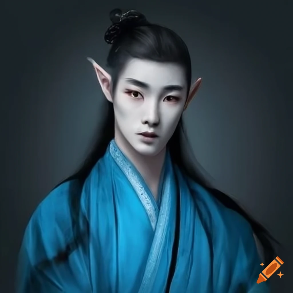 Portrait of an elegant male chinese elf in traditional blue robes on ...