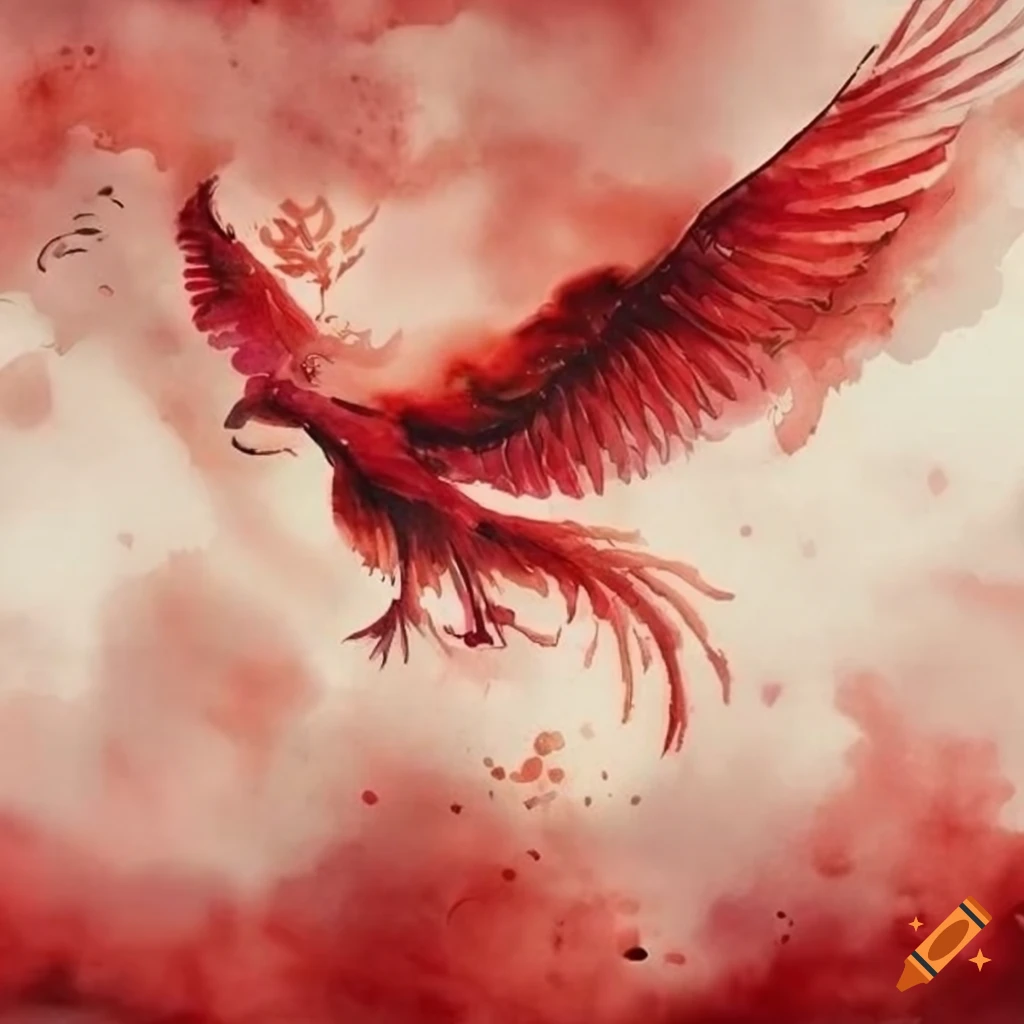 Majestic phoenix flying above a field in Chinese ink watercolor style ...