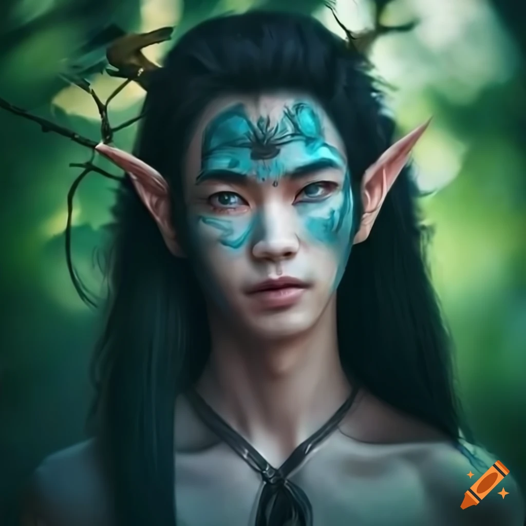 Portrait of a handsome asian elf in a lush forest setting with blue ...