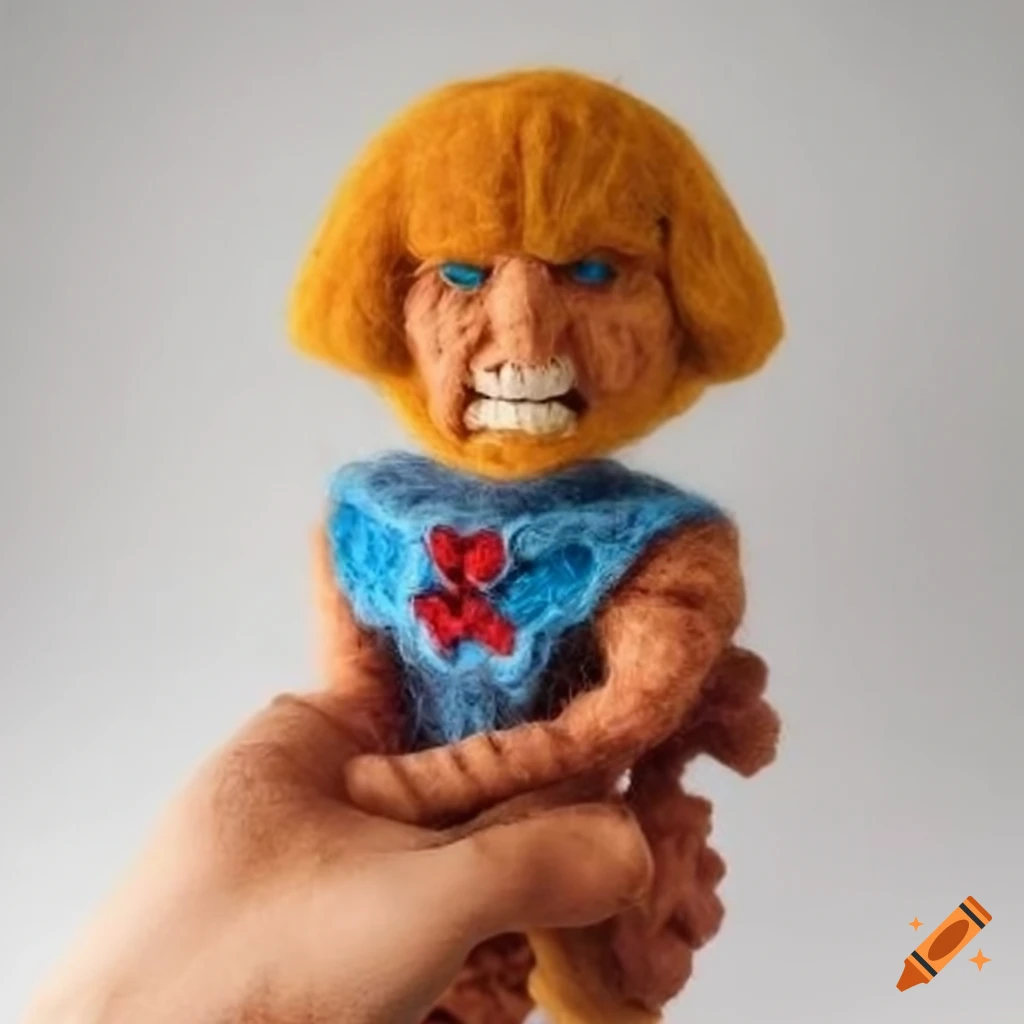 Intricate felted wool sculpture of a humanoid character with eyes and ...