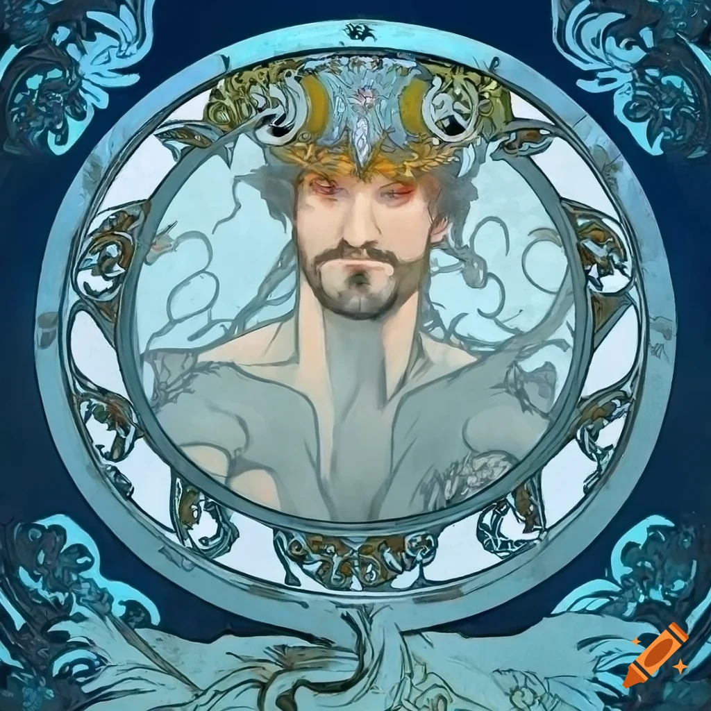 Alfons Mucha artwork of a somber male Slavic god in blue-gray tones on ...