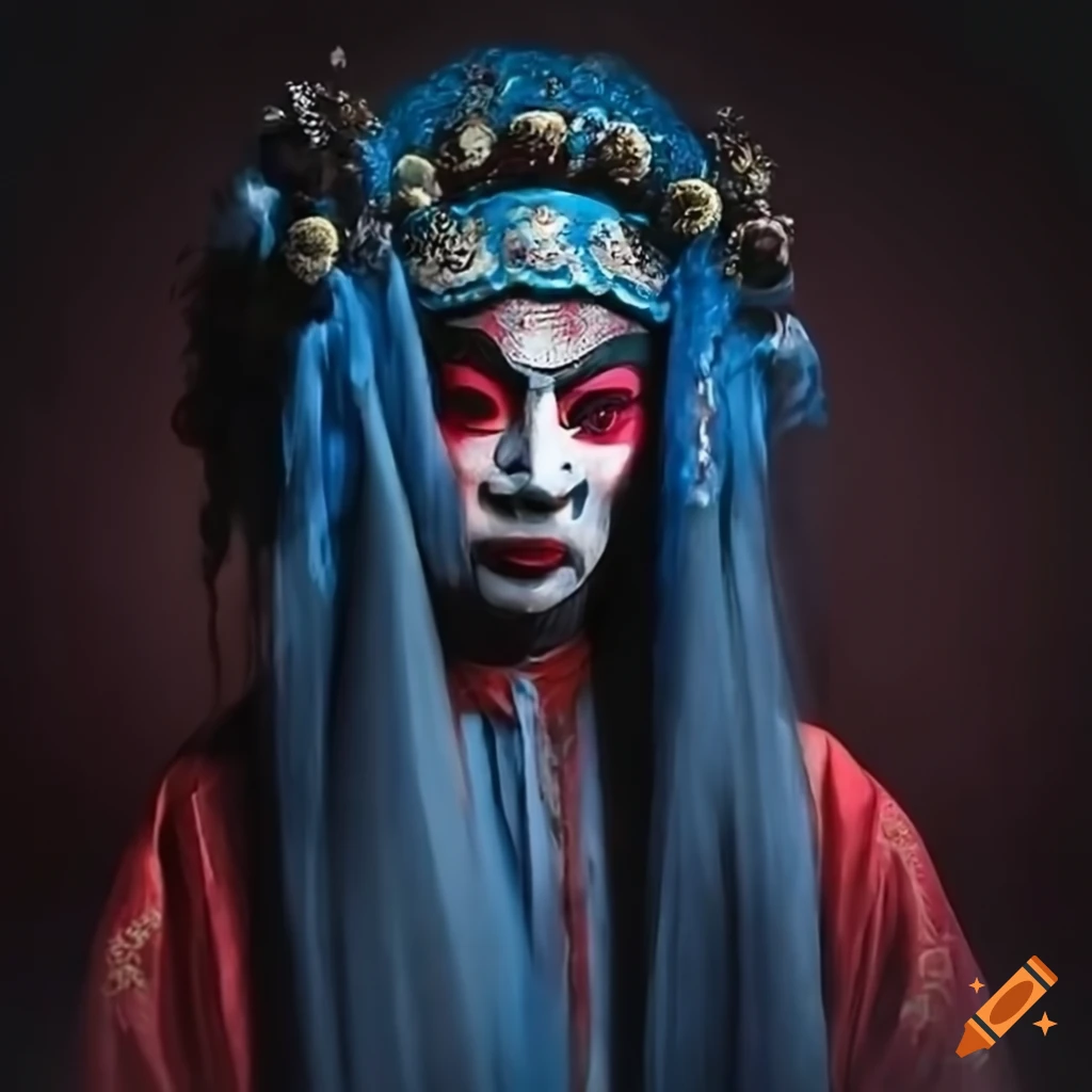 Chinese opera performer in dramatic demon mask and blue robes with ...