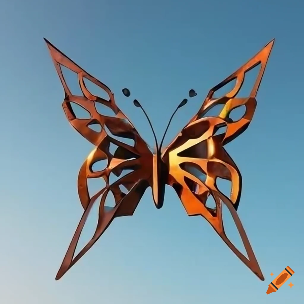 Highly finished steel sculpture of geometric butterfly made from steel ...
