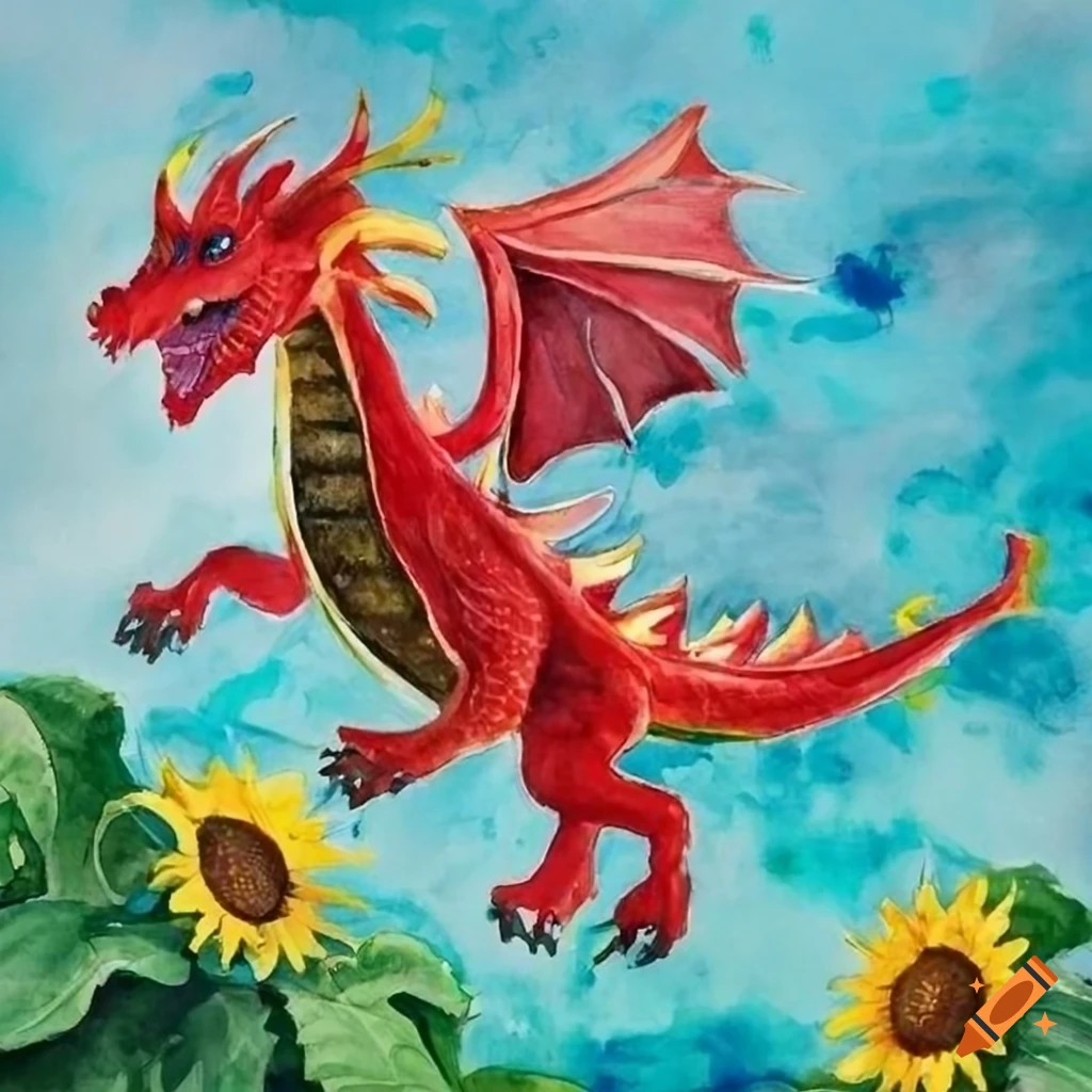 Small red dragon jumping above sunflowers in a children's watercolor on ...