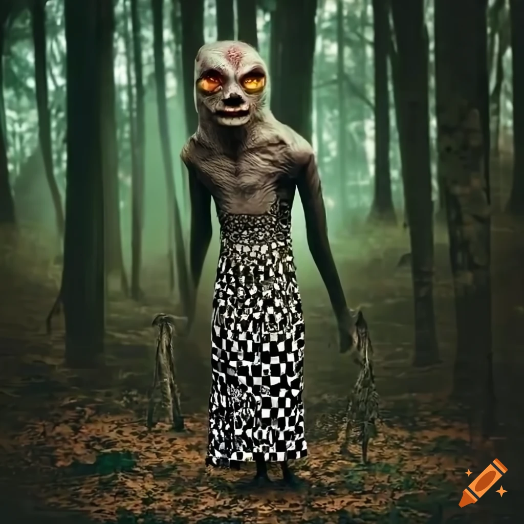 Tall spooky creature in checkerboard clothes standing in the forest on ...