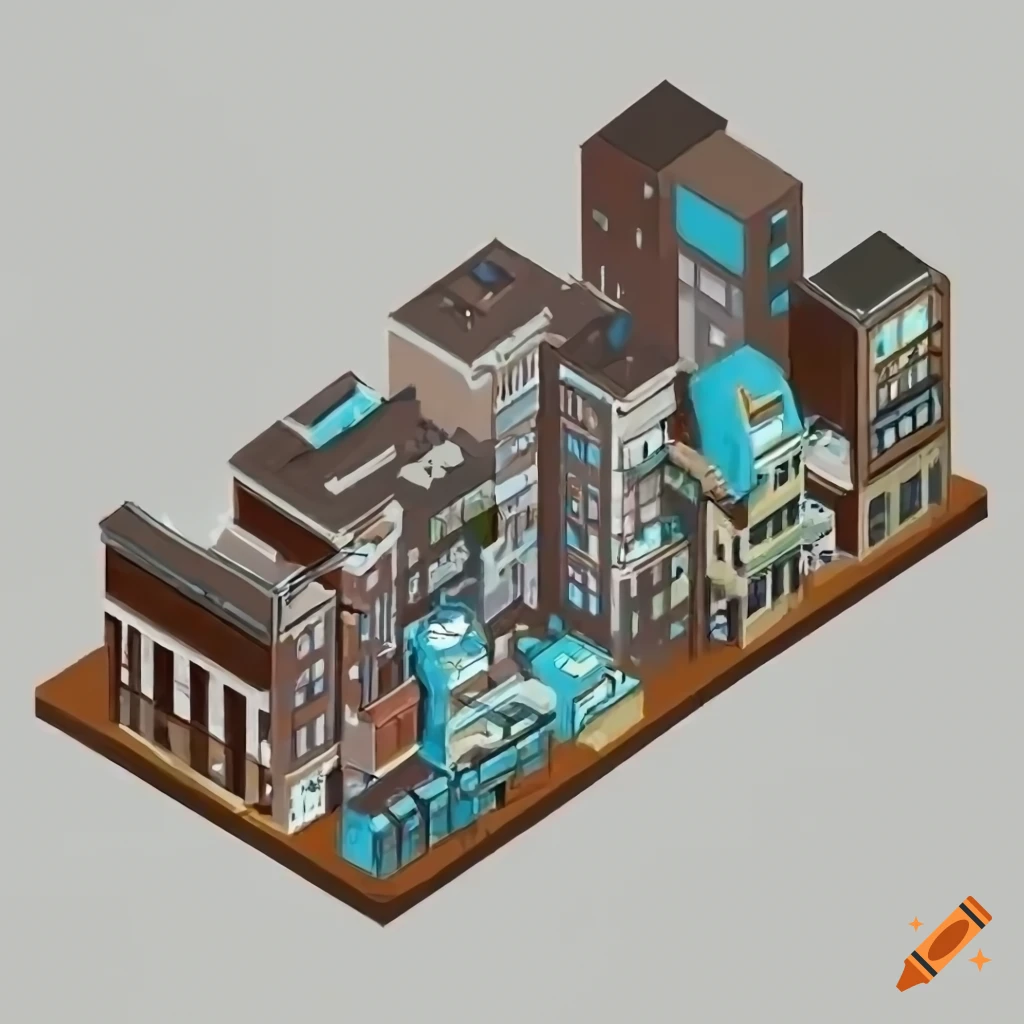 Isometric map of a run-down urban town with peeling buildings and ...