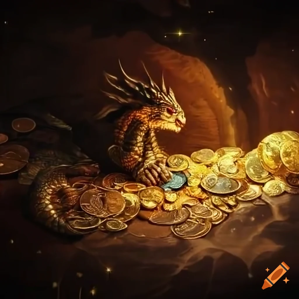 Ancient dragon snoozing in a cavern surrounded by gold coins and ...