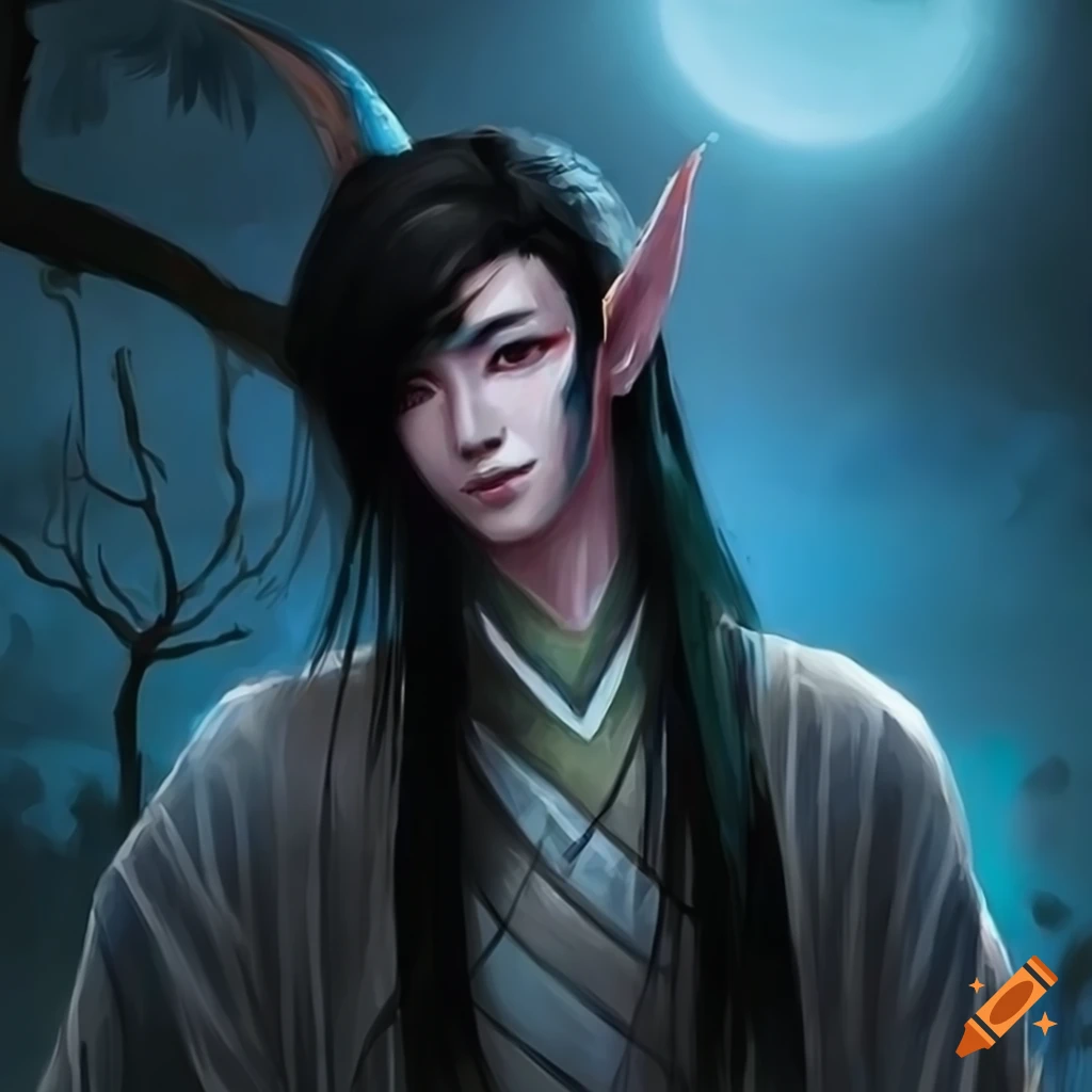 Painting of a male chinese elf with wings and blue face paint in white ...
