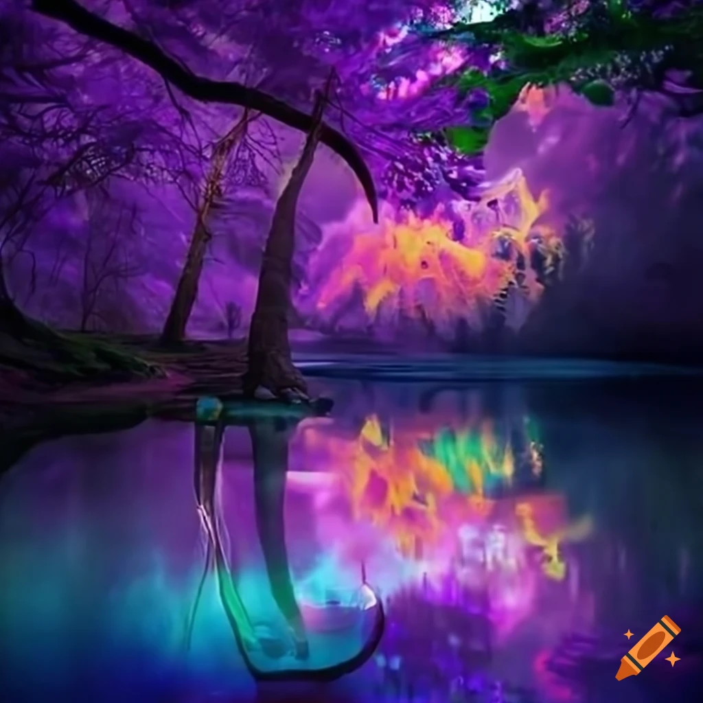 Magical landscape with vibrant purple trees around crystal-clear hot ...