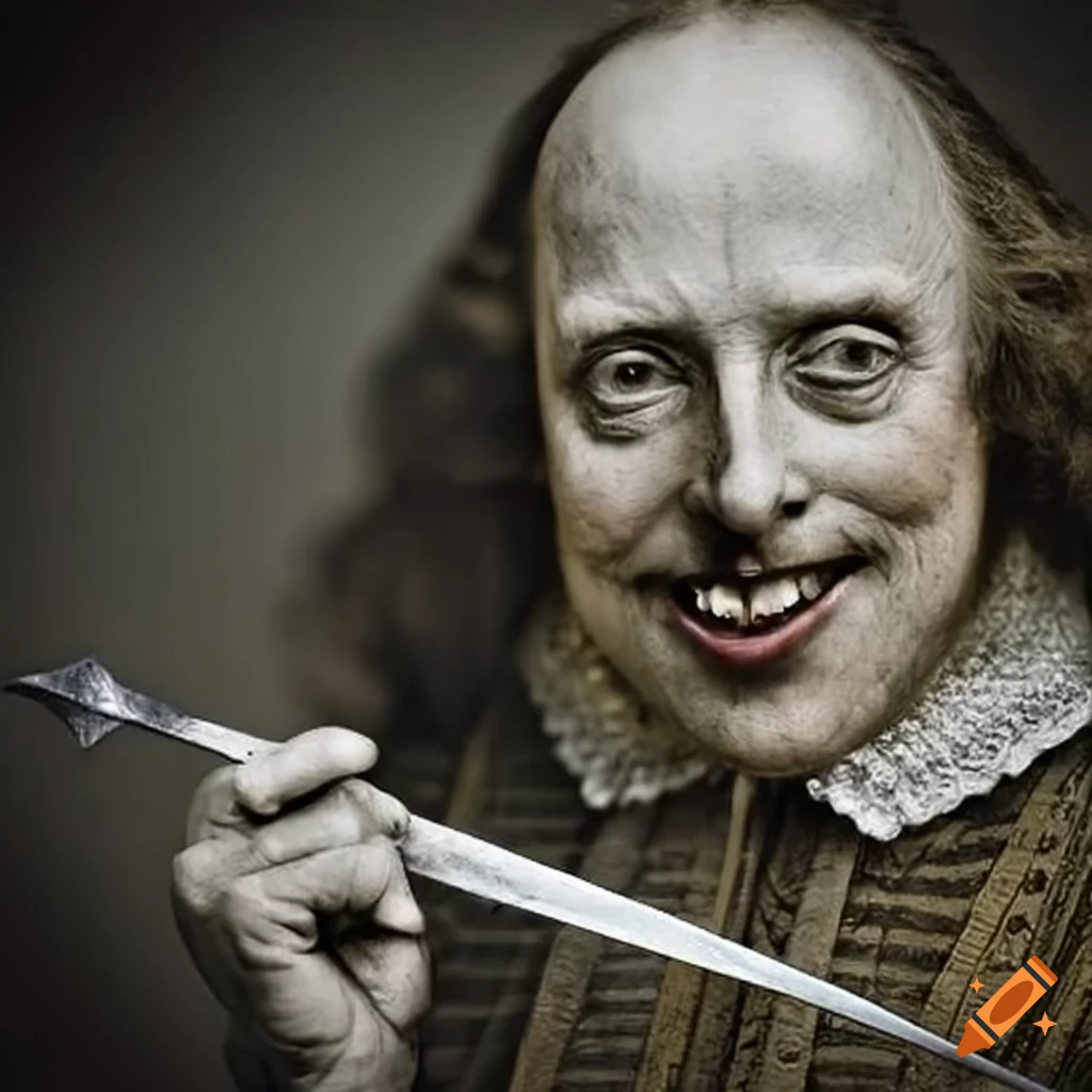 William shakespeare holding a spear with a creepy smile on Craiyon