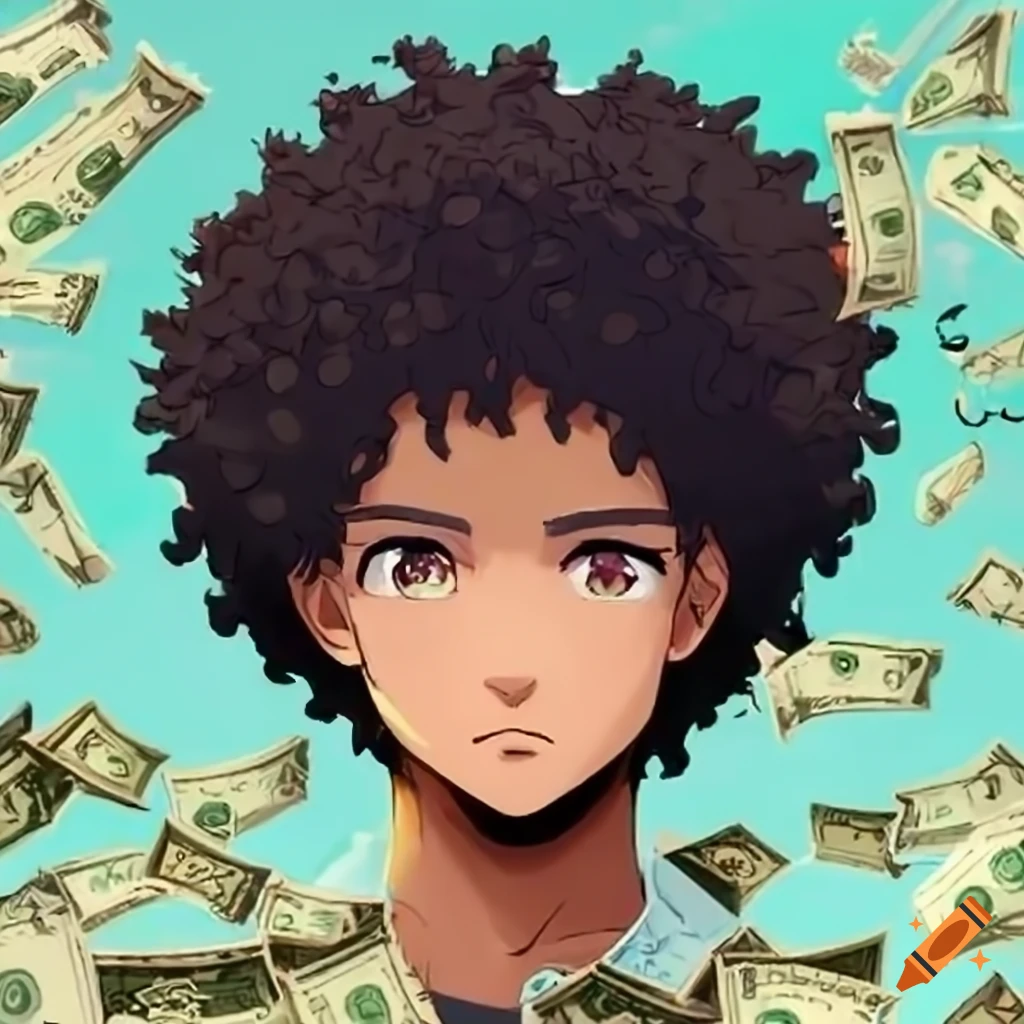 Cute anime man chasing cart full of money on Craiyon