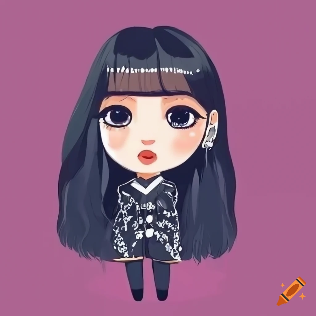 Chibi style artwork of Blackpink Lisa with long black hair in full body ...