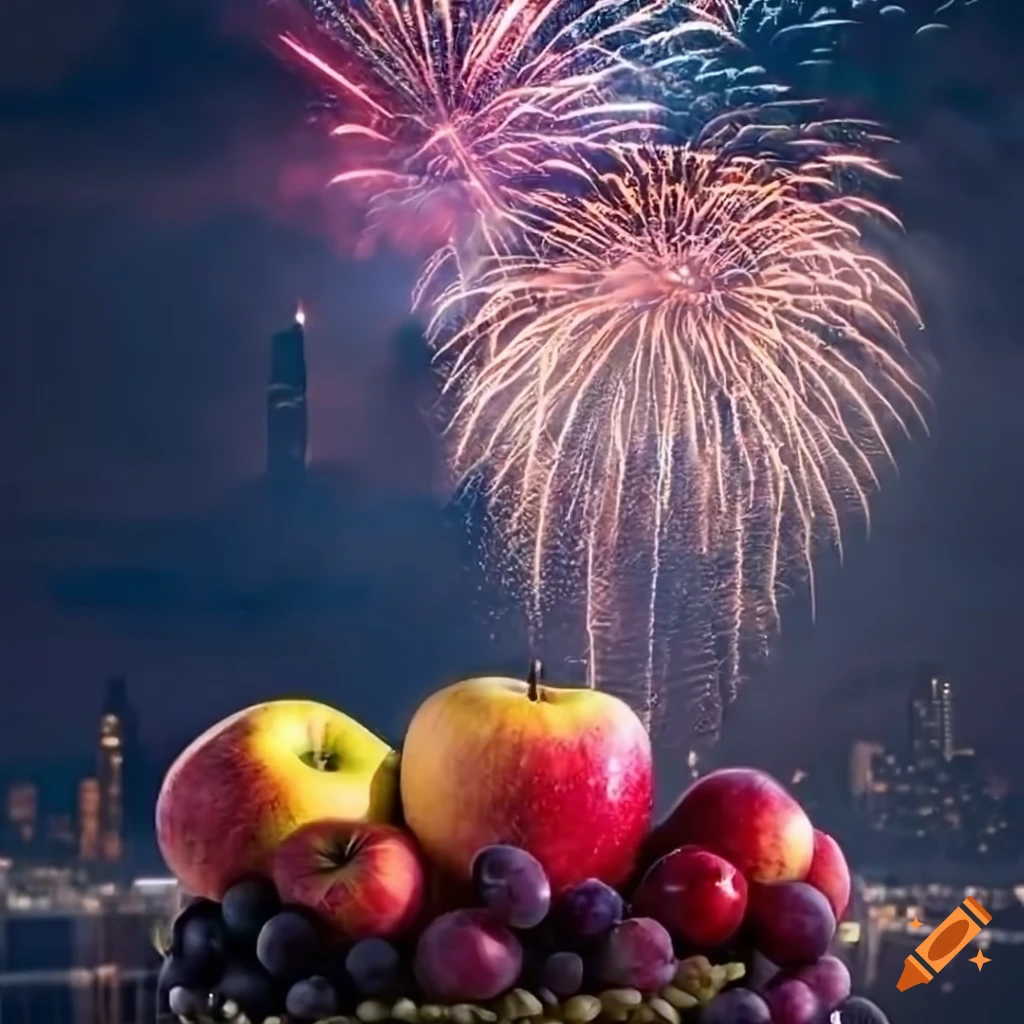 Fruits raining down with fireworks over New York City skyline on Craiyon