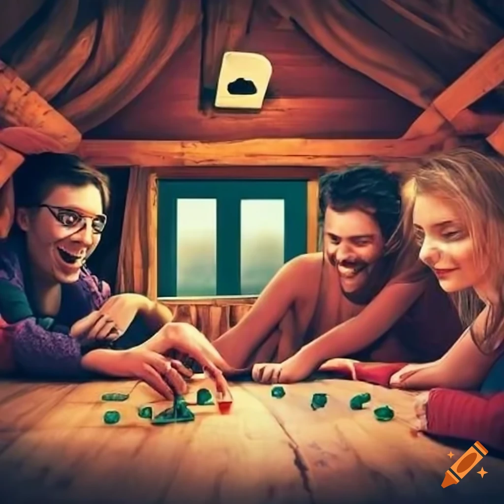 Group of friends playing board games in a remote cabin with a cringe ...