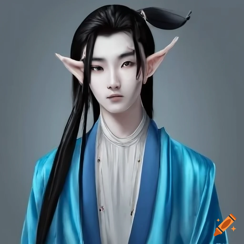 Portrait of an elegant male chinese elf in traditional blue robes on ...