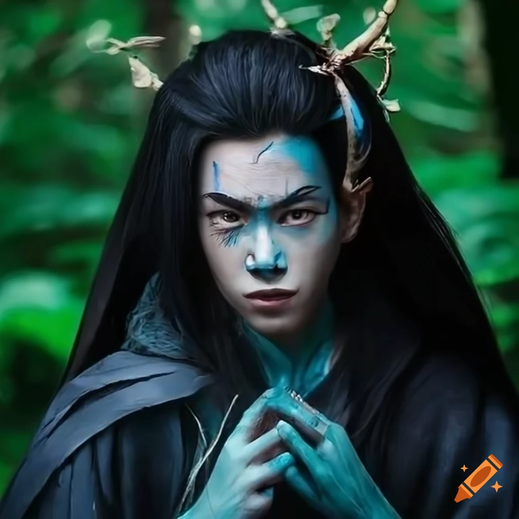 Portrait of a handsome asian elf in a lush forest setting with blue ...
