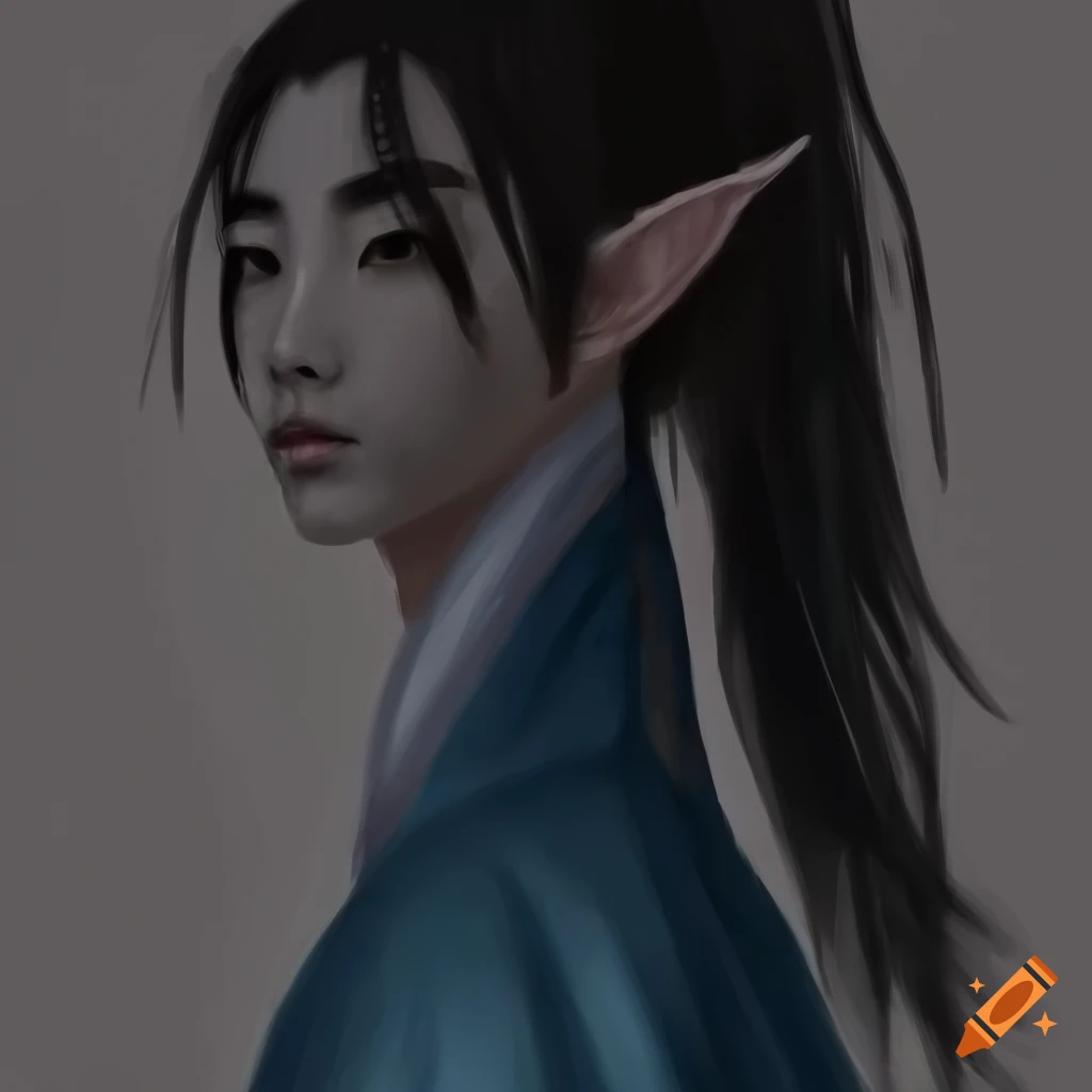 Ethereal young Chinese elf with large wings and blue robes on Craiyon