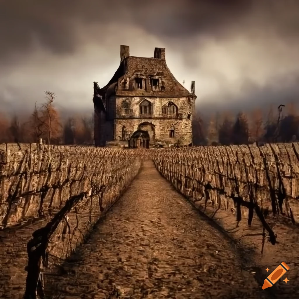 Forlorn medieval mansion overlooking dead vineyards in a desolate ...