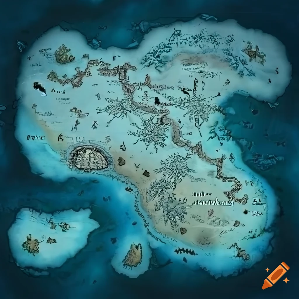 Map of a fantasy frozen world in an ice age with detailed features like ...