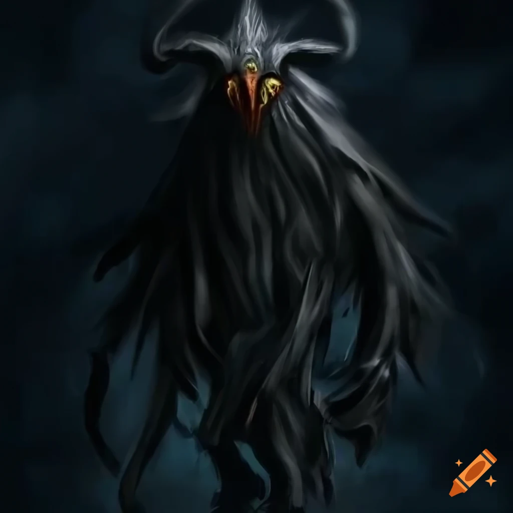 Eldritch smoke monster with yellow eyes and a beak on Craiyon